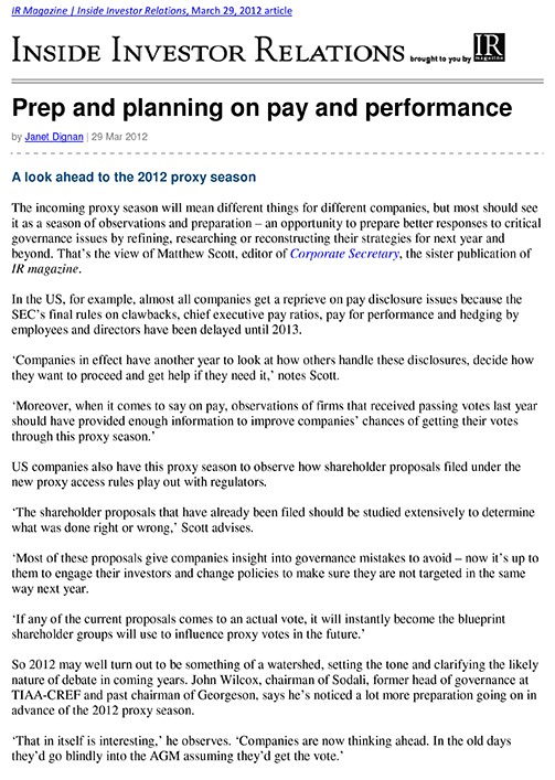 2012 Proxy Season: Prep And Planning On Pay & Performance